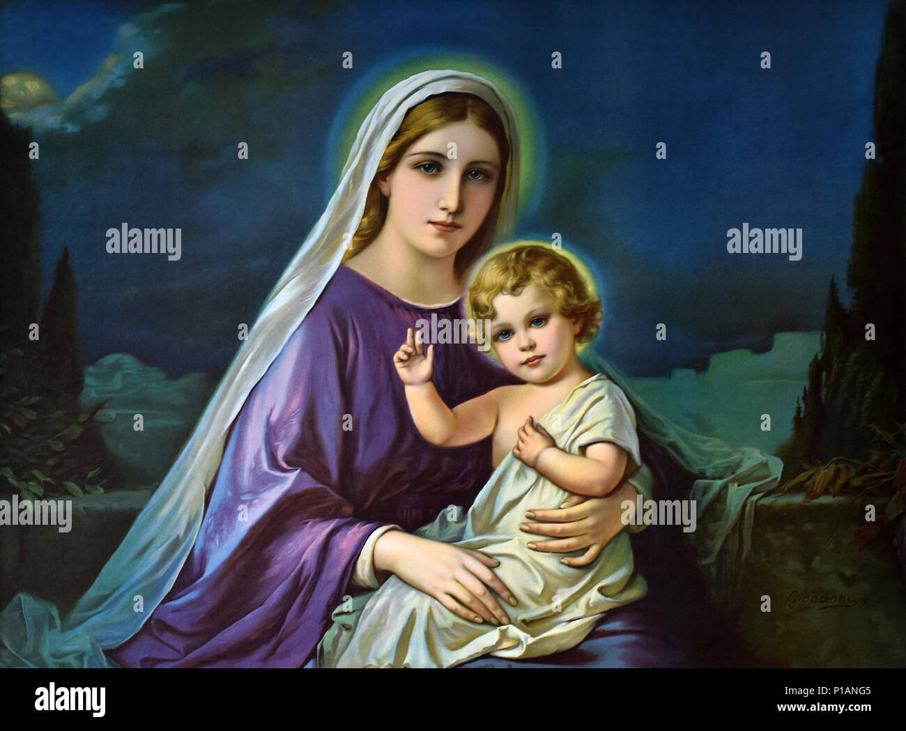 Moonlight Madonna, Madonna mit Kind, moonlight, Reproduktion, original von Giovanni Bellini, 15 ...
