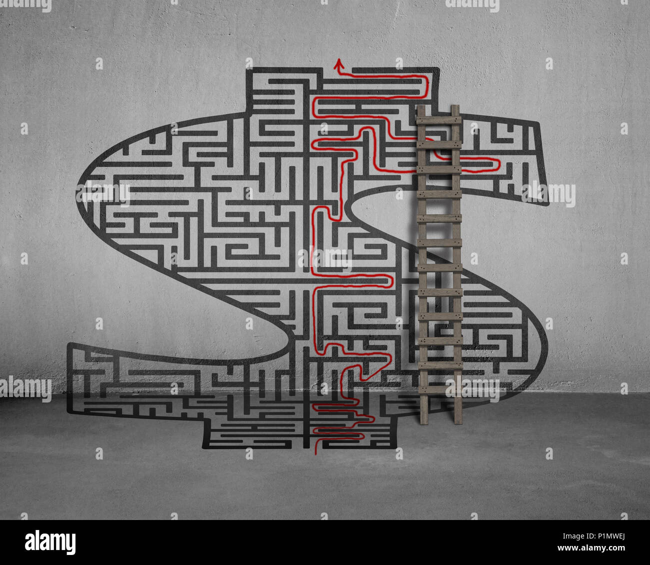 Geld Form Labyrinth mit Lösung auf der Betonwand Stockfotografie - Alamy