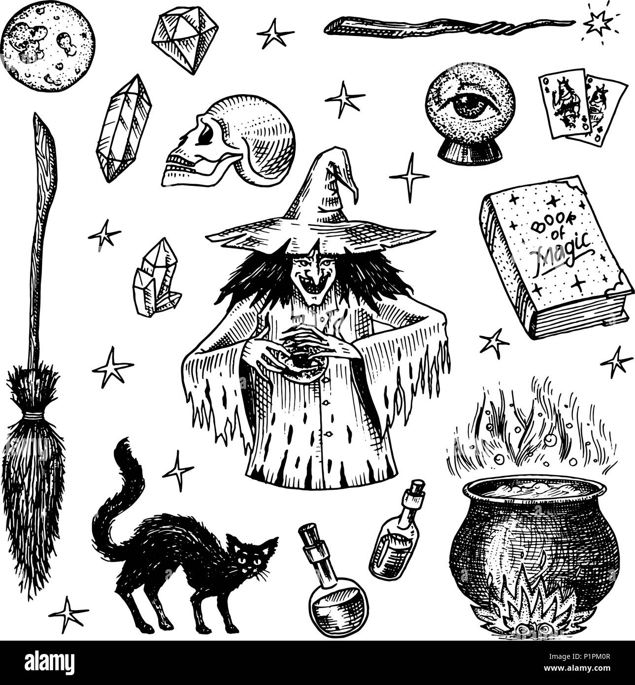 Halloween Elemente. Magic Ball, Hexe mit Buch der Zaubersprüche ...