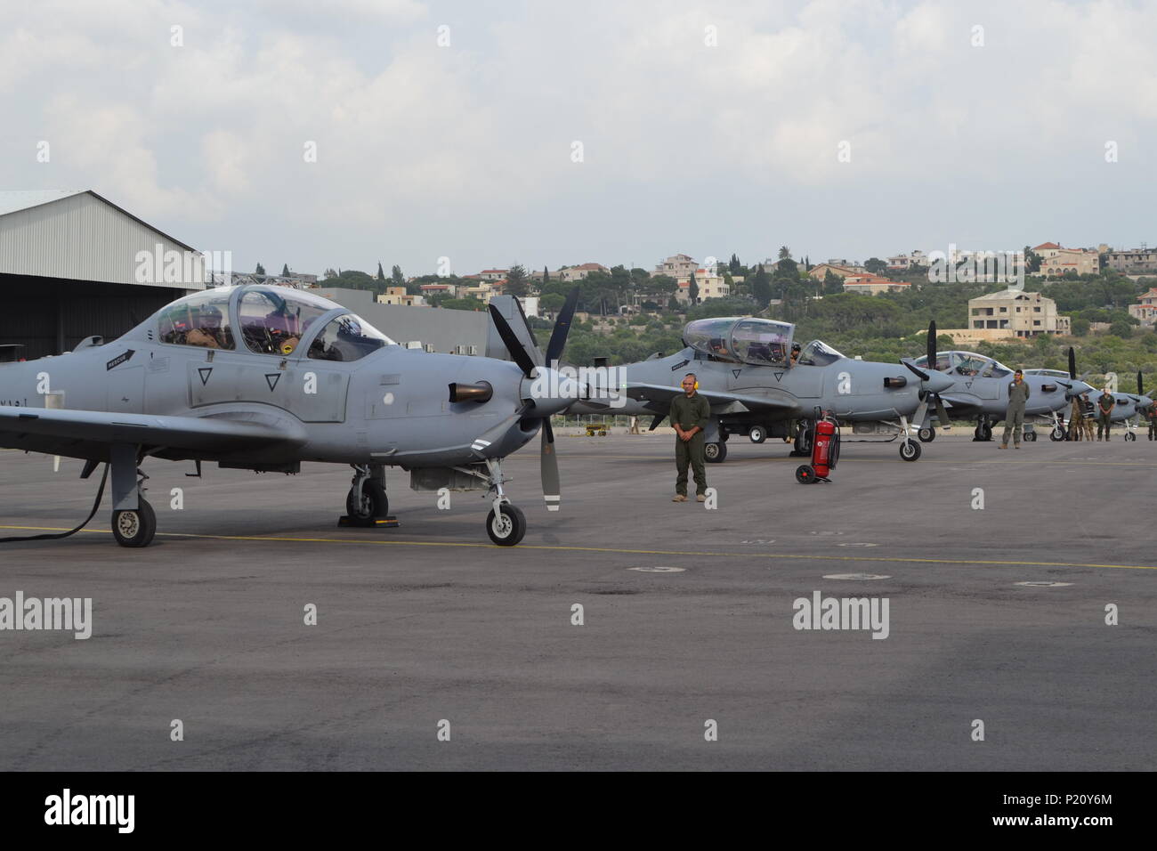 Beirut, Libanon. 12 Juni, 2018. Vier A-29 Super Tucano Flugzeuge ...