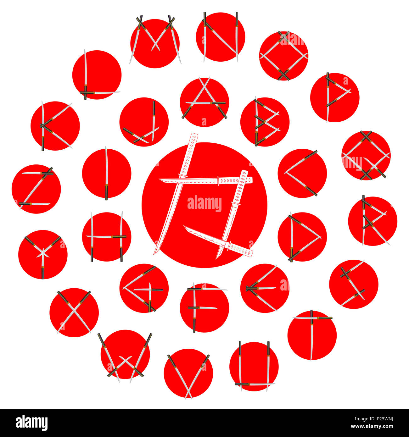 Samurai Katana Schwerter Font-Alphabet - Schriftbild. Bunte ...