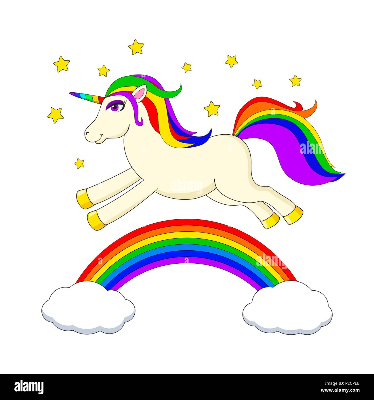 Weißes Einhorn mit bunten Mähne und Horn über Rainbow springen. Cute ...