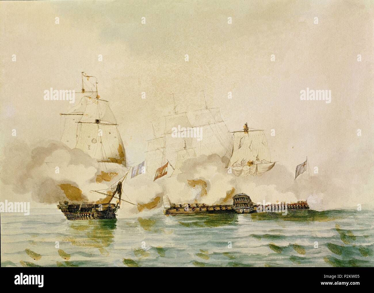 COMBATE DE NAVIOS EN LA BATALLA DE TRAFALGAR 25/10/1805. Autor: Galiano ...
