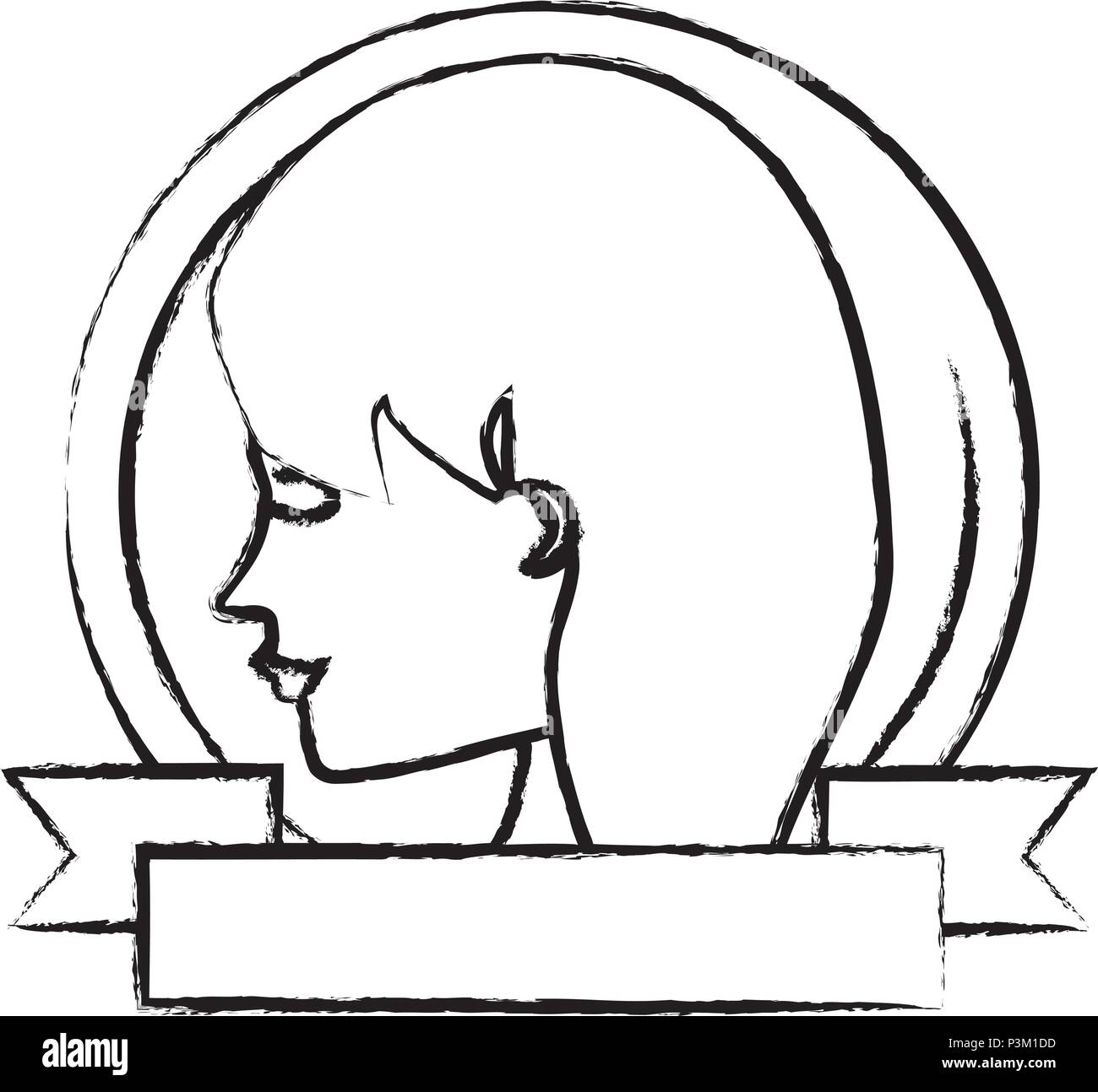 Skizze von Emblem mit Zierband und Profil einer Frau Symbol auf weißem ...