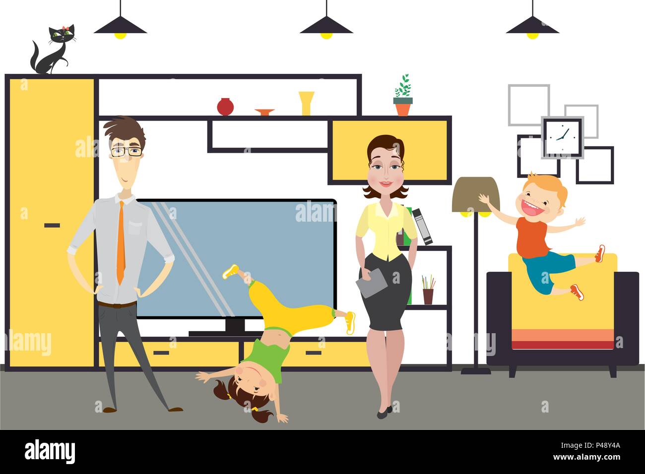 Cute cartoon Familie - Mutter, Vater, Tochter und Sohn in Home Interior ...