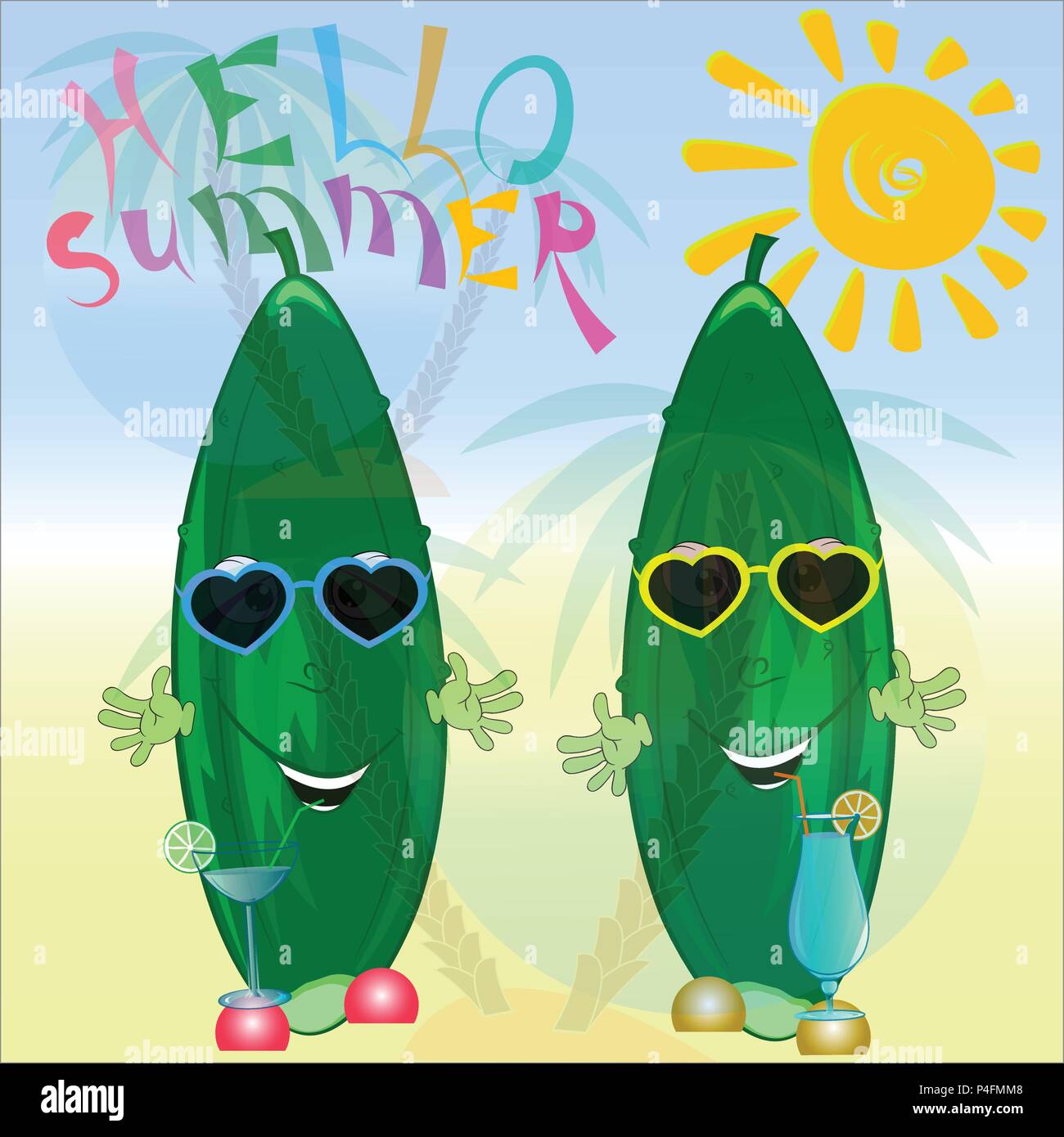 Hallo Sommer Gurke Cartoon Illustration Stock-Vektorgrafik - Alamy