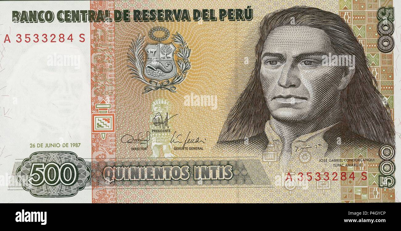 500 INTIS - BILLETE DE PERU - 1987 - 150 x 75 - ANVERSO CON EL RETRATO ...