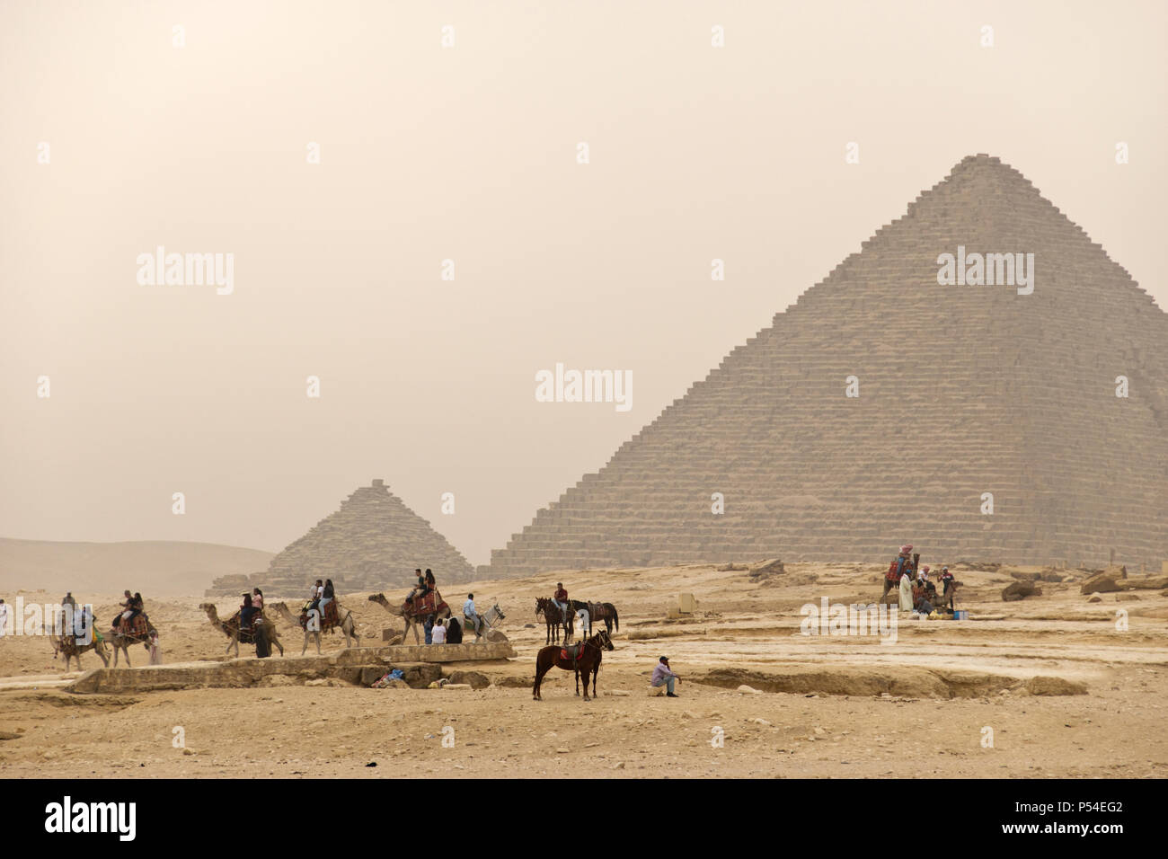 Touristen reiten Pferde und Kamele vor dem menkaure Pyramide (R) und ...