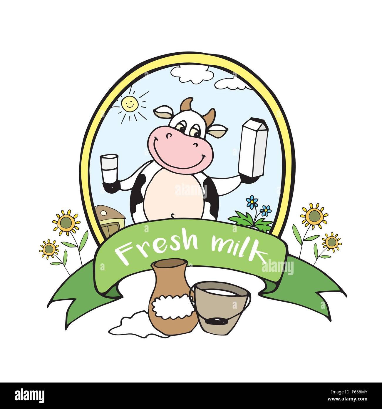 Positive, glückliche Kuh mit Milch, lustige Cartoon Banner oder Logo ...