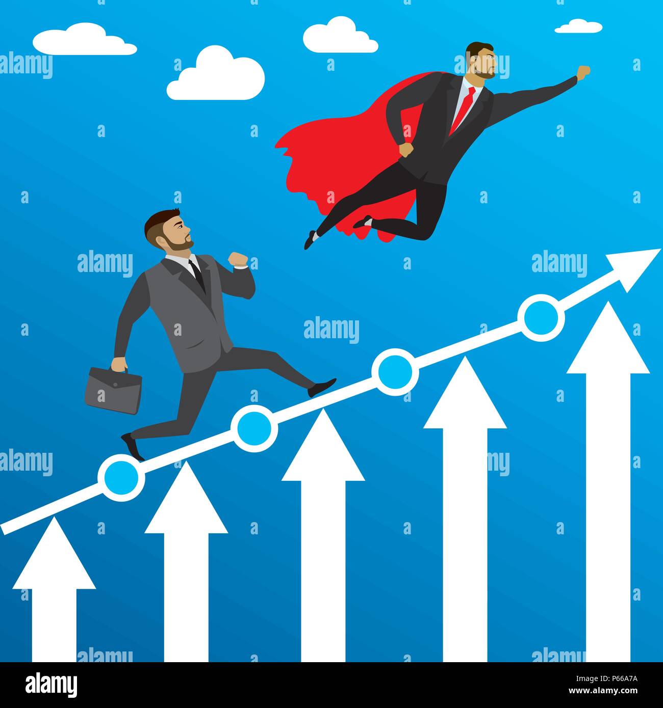 Unternehmer führen zum Erfolg und super hero Fliegen, cartoon Vector ...