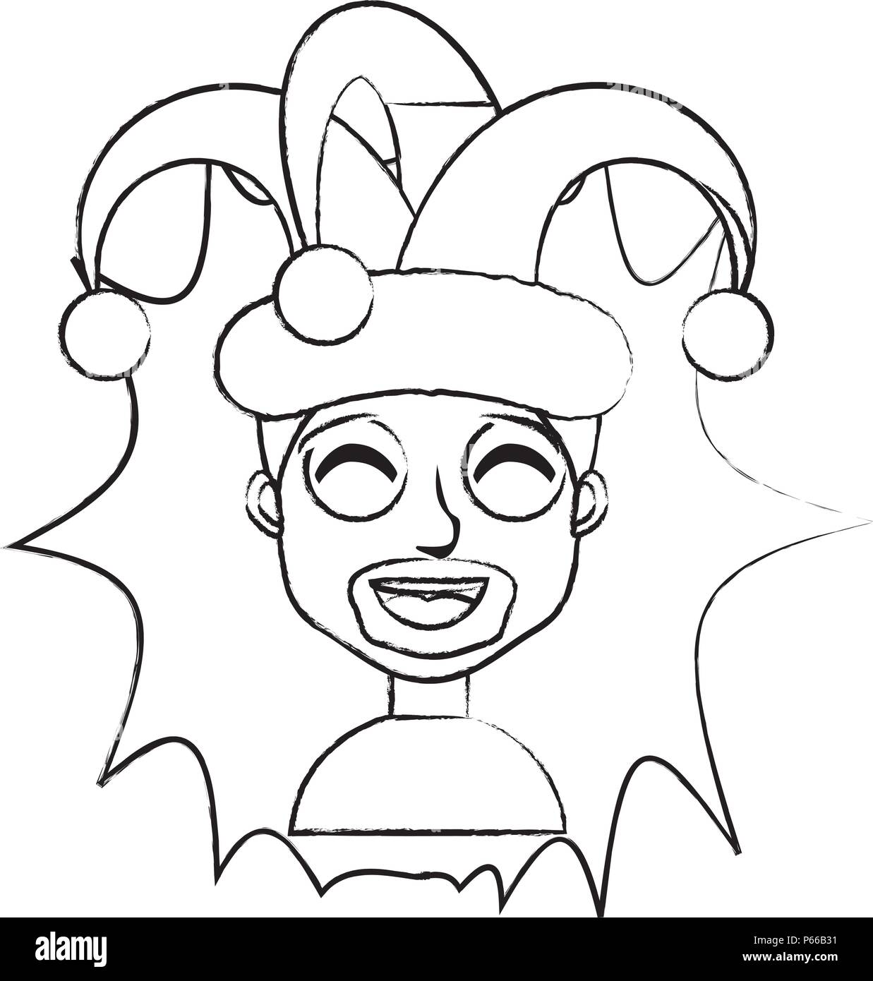 Cartoon Mann mit seinem Gesicht gemalt und Hofnarr Hut mit weißem ...