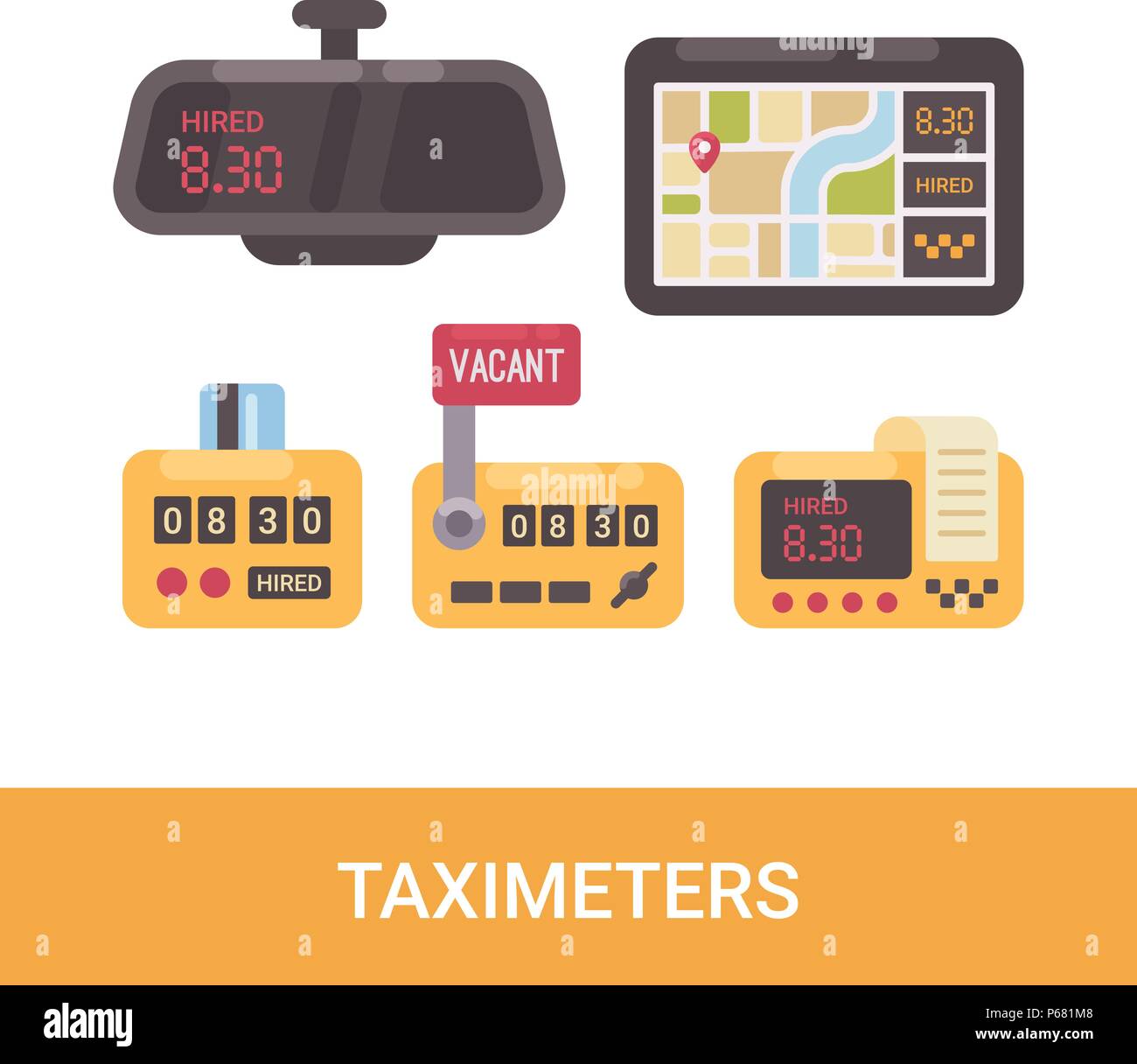 Satz von verschiedenen Taxameter. Taxi service Flachbild Symbole Stock ...