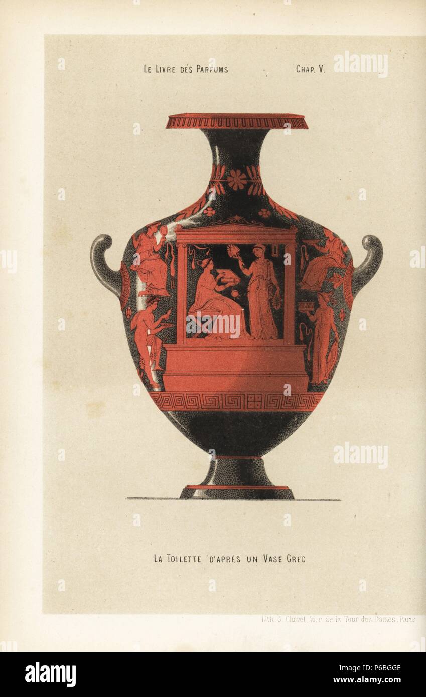 Frau mit einem Feld von Kosmetika und Parfüms, unterstützt von einem ...