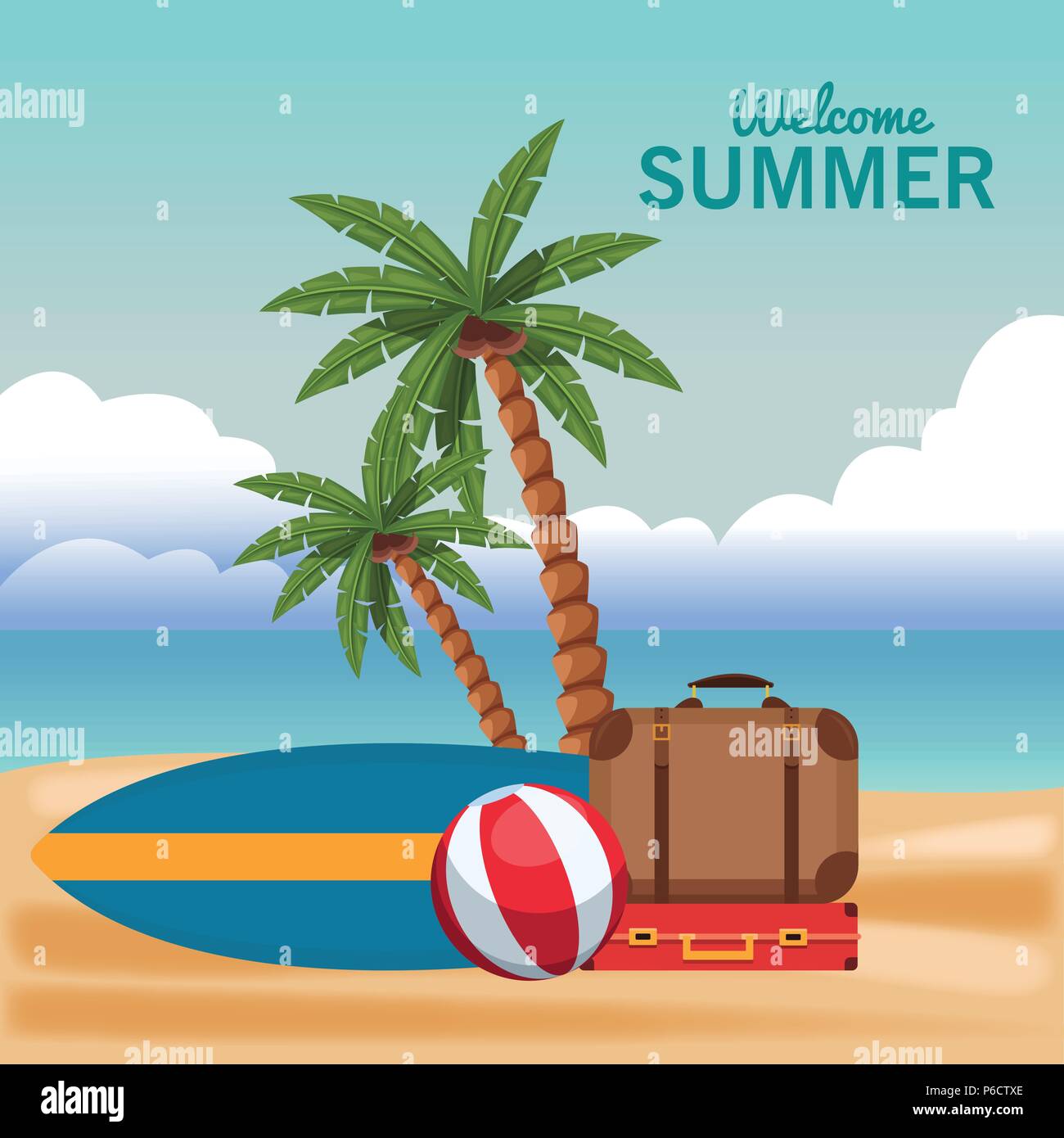 Willkommen Sommer cartoons Gepäck und Surf Tabelle mit Kugel Vector ...