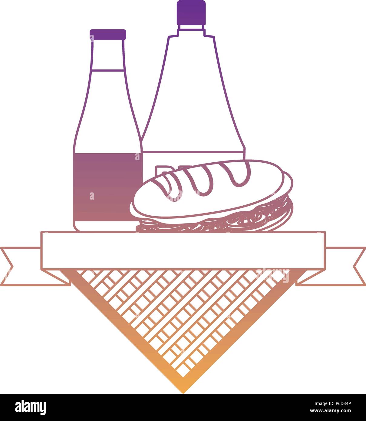 Picknick embelm mit Sandwich und Sauce Flaschen Symbol auf weißem ...