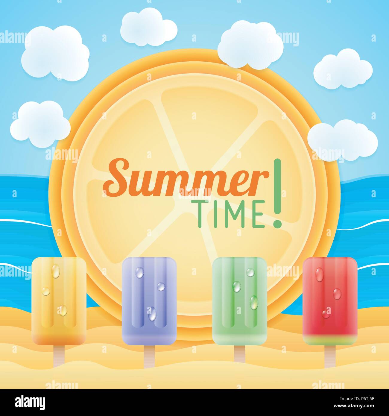 Sommer cartoon mit Orange Slice als Kreis Rahmen am Strand mit Sand ...