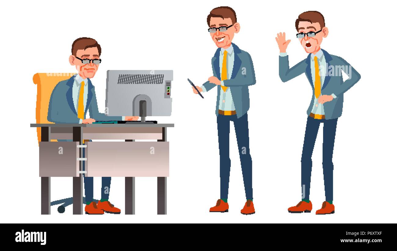 Büroangestellter Vektor. Gesicht Emotionen, verschiedenen Gesten ...
