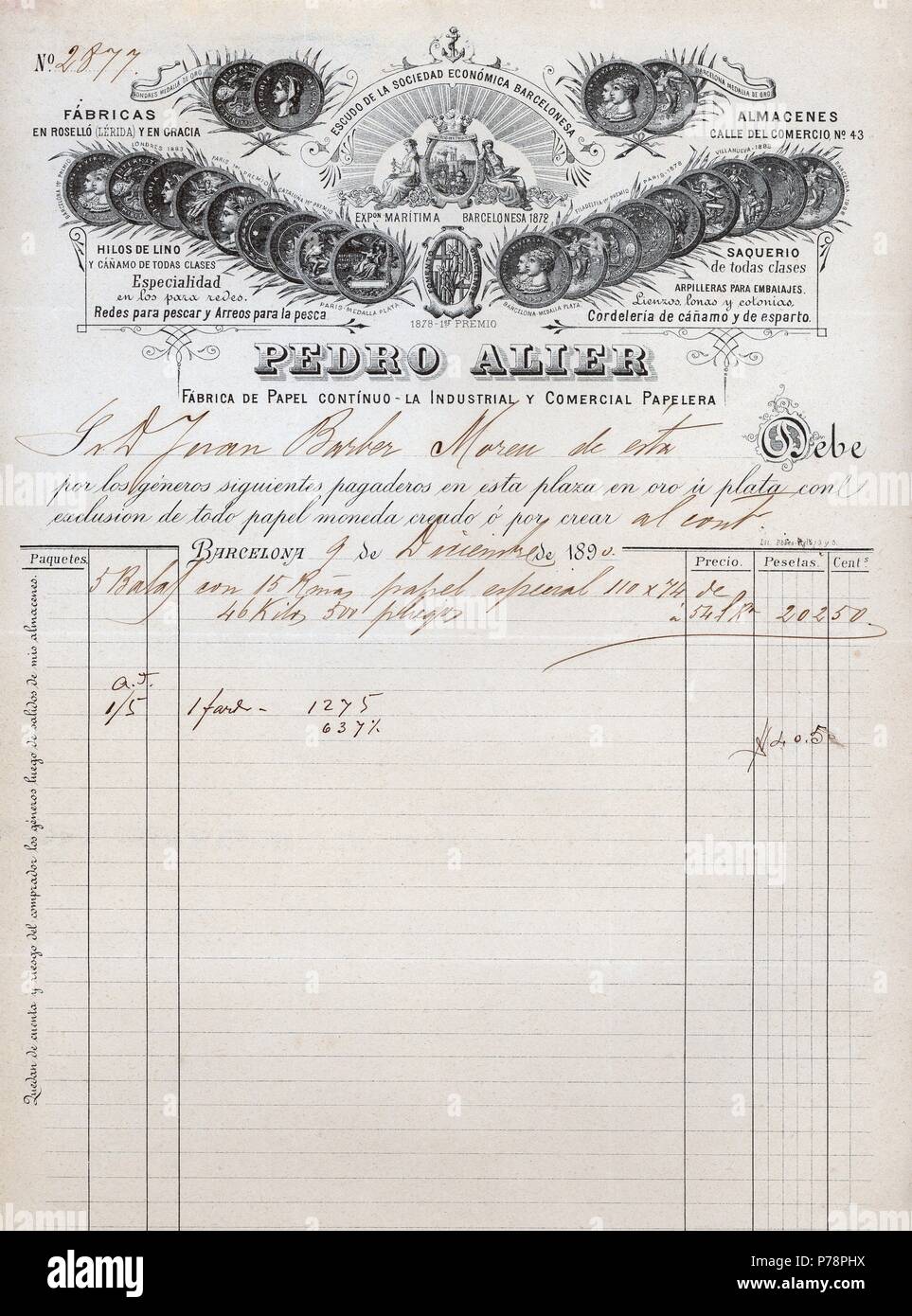 Factura comercial emitida por Fàbrica de Papel continuo Pedro Alier ...