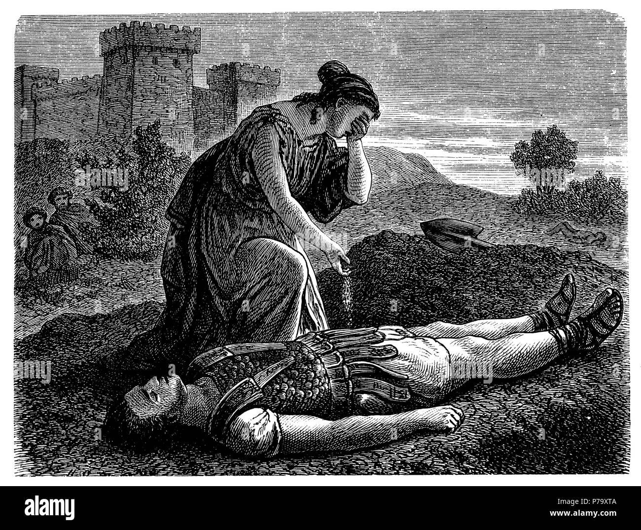Antigone deckt der Körper der Polynike mit Erde, [H. Leutemann] 1881 ...