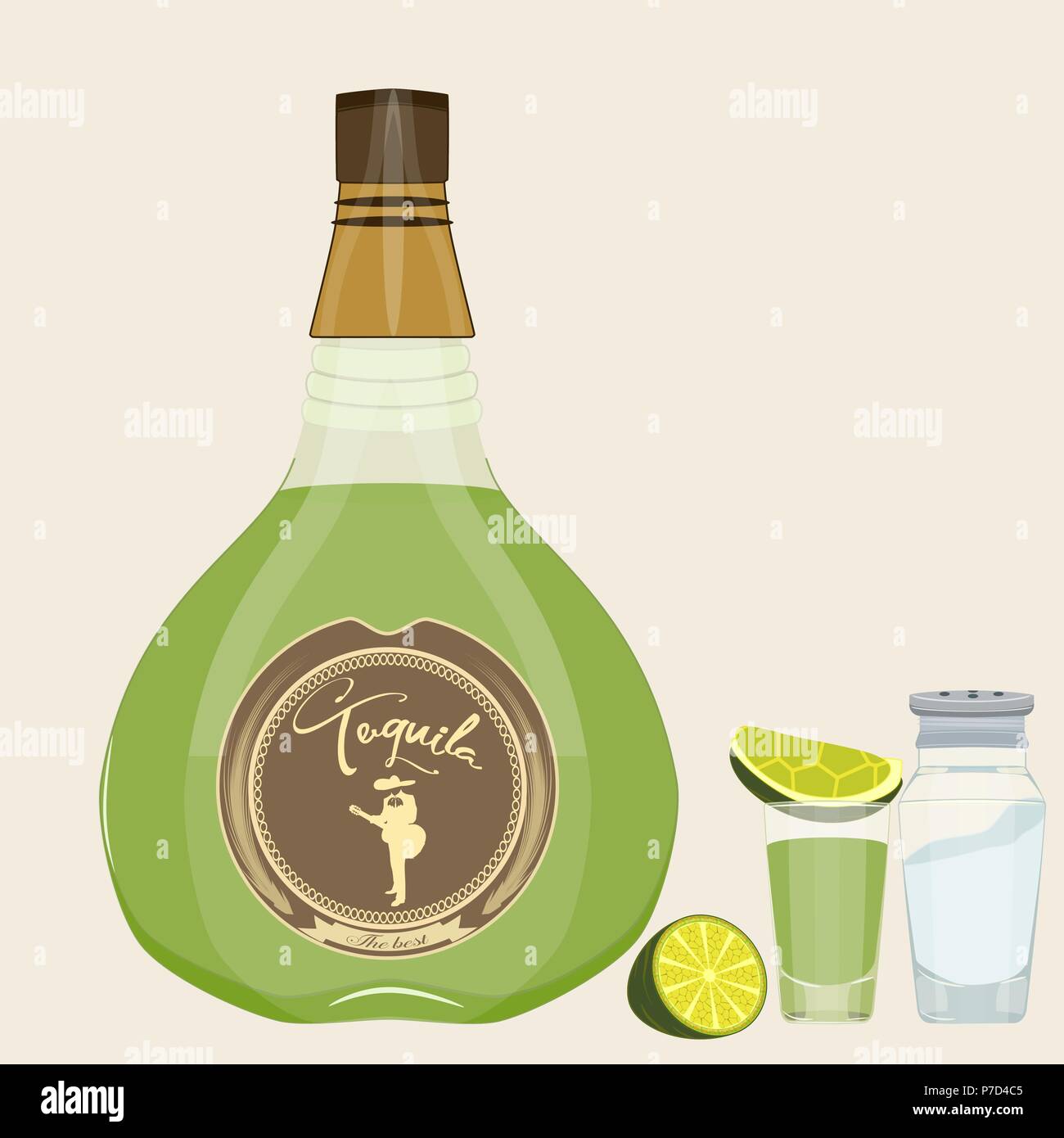 Tequila gesetzt. Vektor isoliert Abbildung: tequila Flasche, Glas mit ...