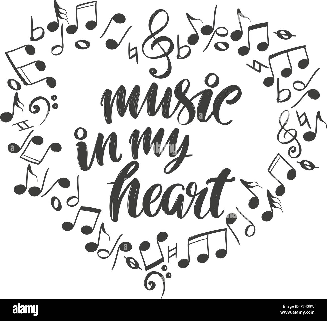 Noten in Form von Herzen, liebe Musik, Kalligraphie Text von Hand ...