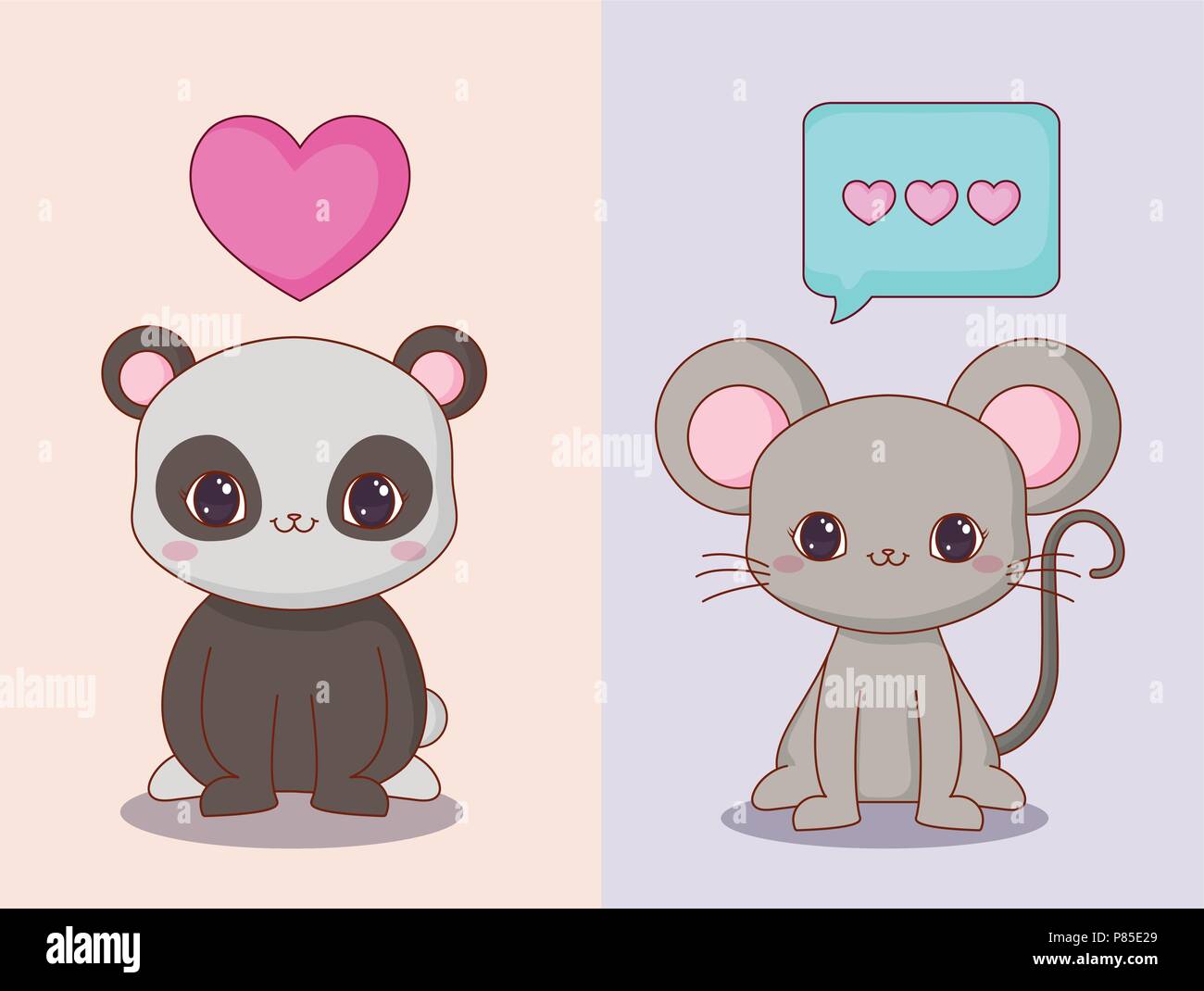 Kawaii panda Bär und Maus mit Sprechblase mit Herzen Symbole. Vector ...