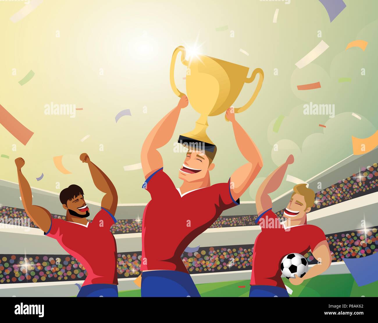 Sieger team Spieler mit Fußball und Champion Cup Trophäe im Stadion ...