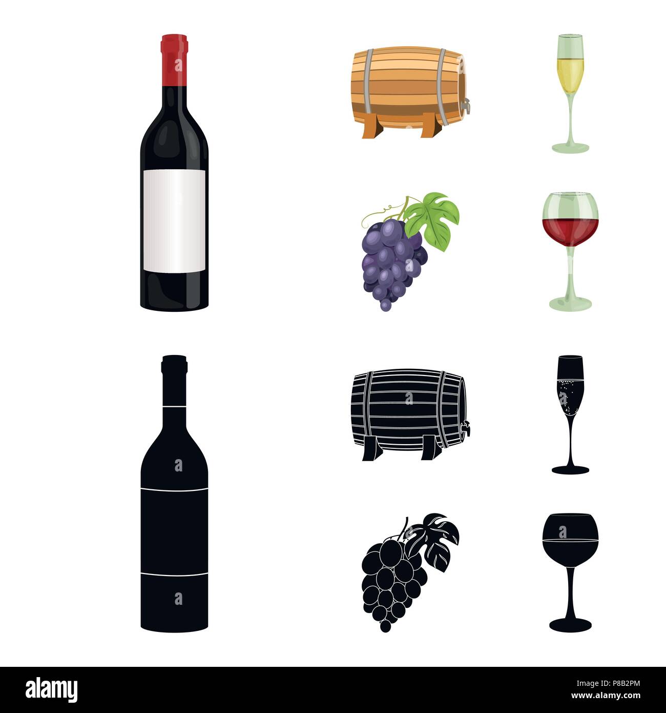 Eine Flasche Rotwein, ein Weinfass, ein Glas Champagner, ein Bündel ...