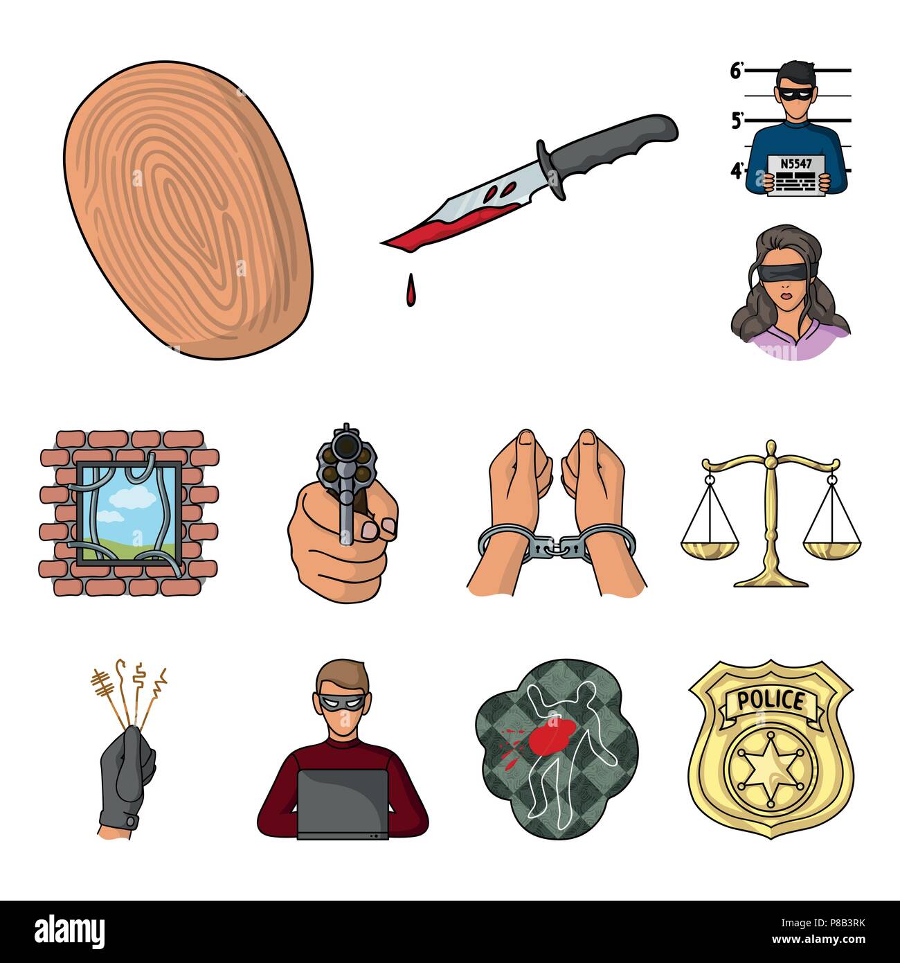 Verbrechen und Strafe cartoon Symbole im Set Sammlung für Design ...