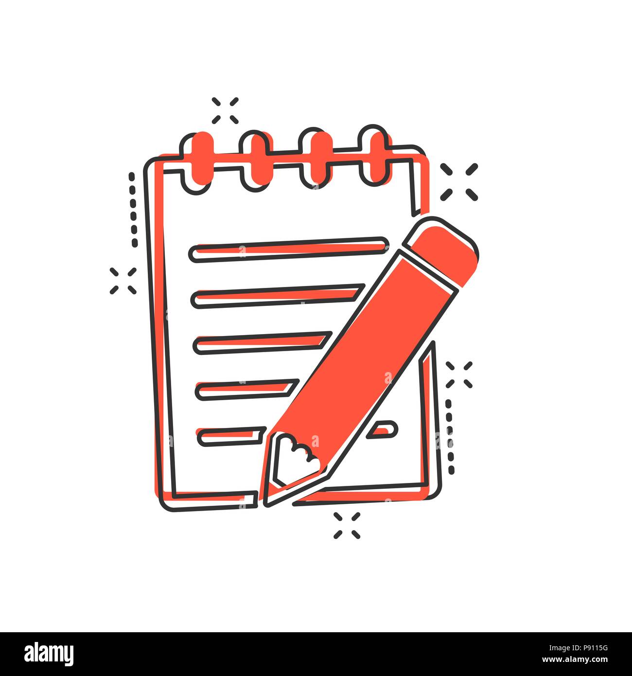 Vektor cartoon Dokument mit Bleistift im Comic-stil. Hinweis mit Stift ...