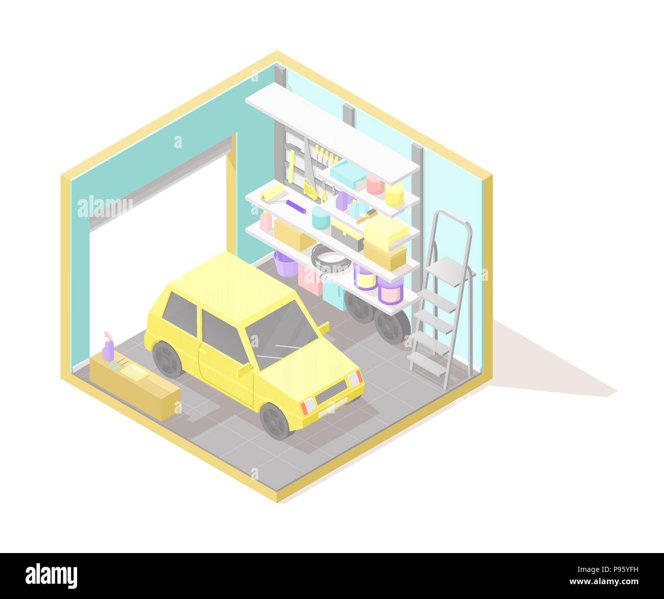 Vektor isometrische Low Poly cutaway Innenraum illustartion. Garage ...