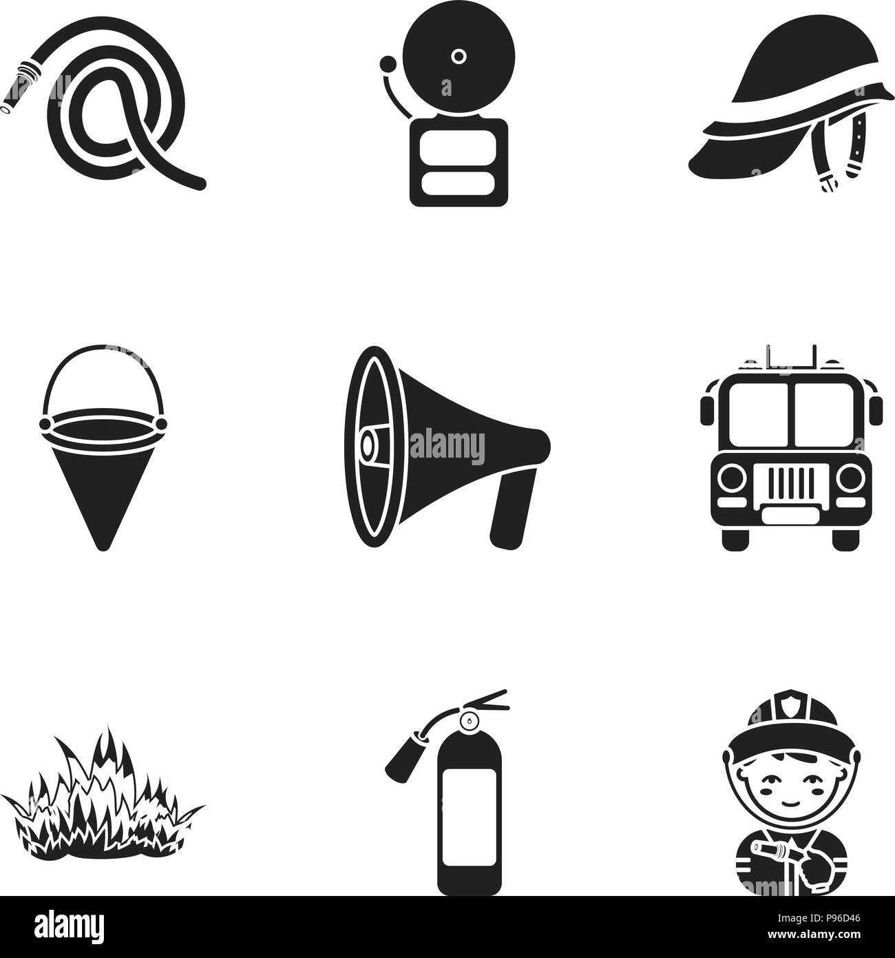 Feuerwehr set Symbole in Schwarz Stil. Große Sammlung von Feuerwehr ...