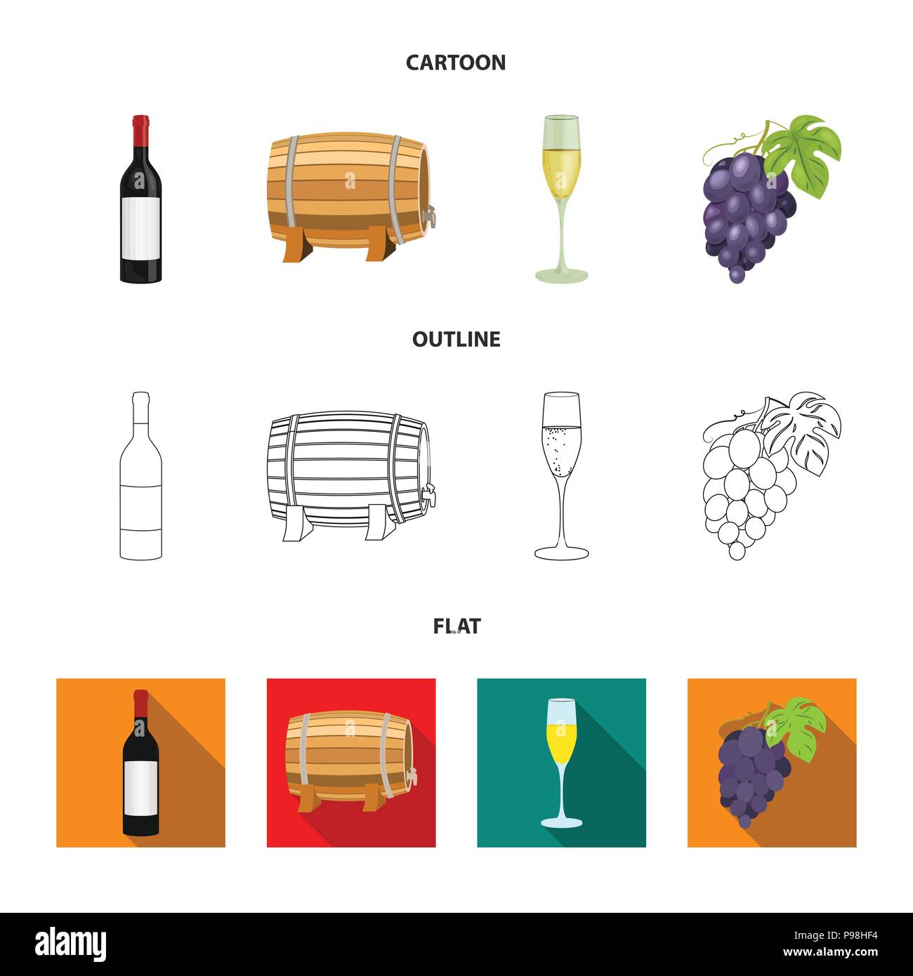 Eine Flasche Rotwein, ein Weinfass, ein Glas Champagner, ein Bündel ...