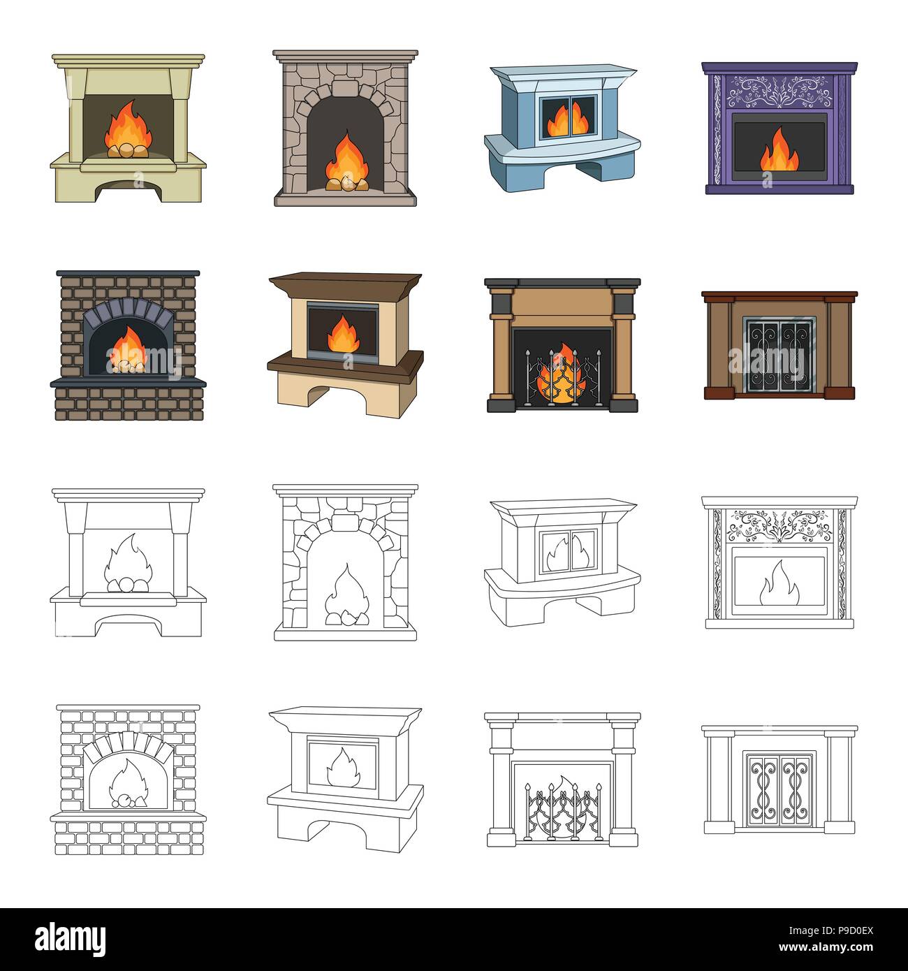 Feuer, Wärme und Komfort. Kamin Sammlung Icons im Cartoon, Outline ...