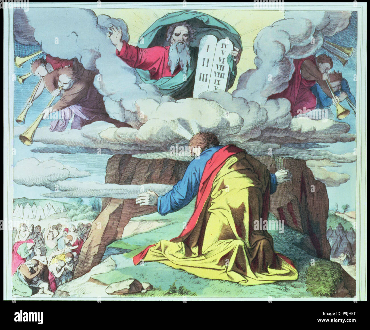 Gott gibt Mose die Zehn Gebote auf dem Berg Sinai, Gravieren, 1860 ...