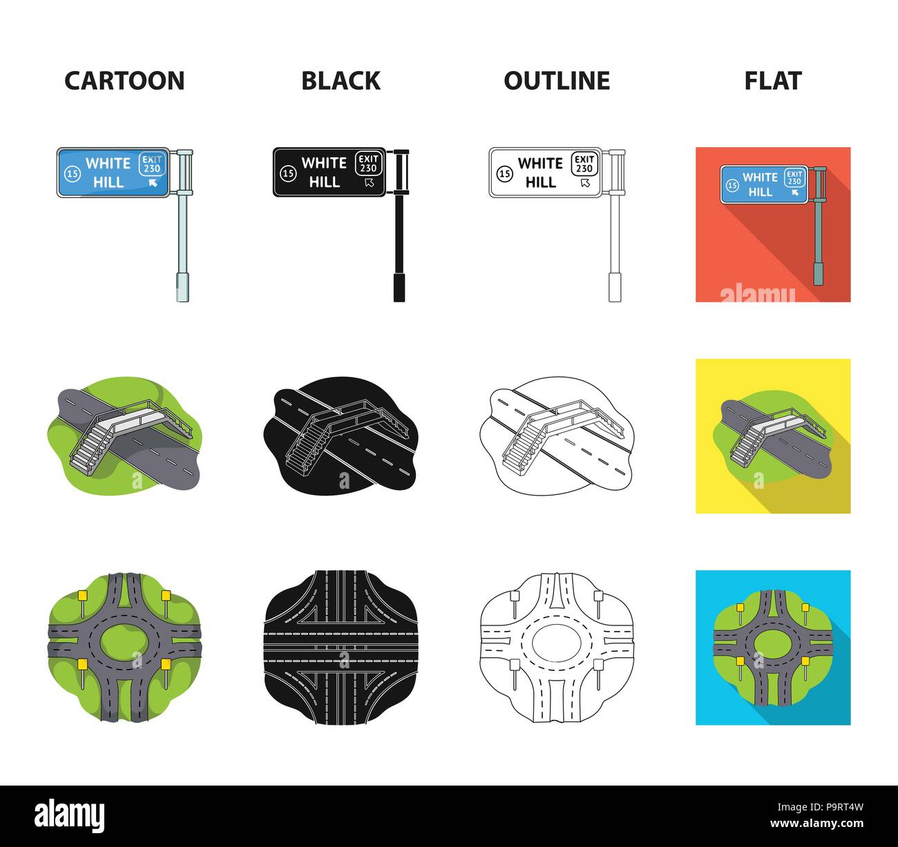 Hinweisschilder und andere Symbol im Cartoon, schwarz, Outline, flacher ...