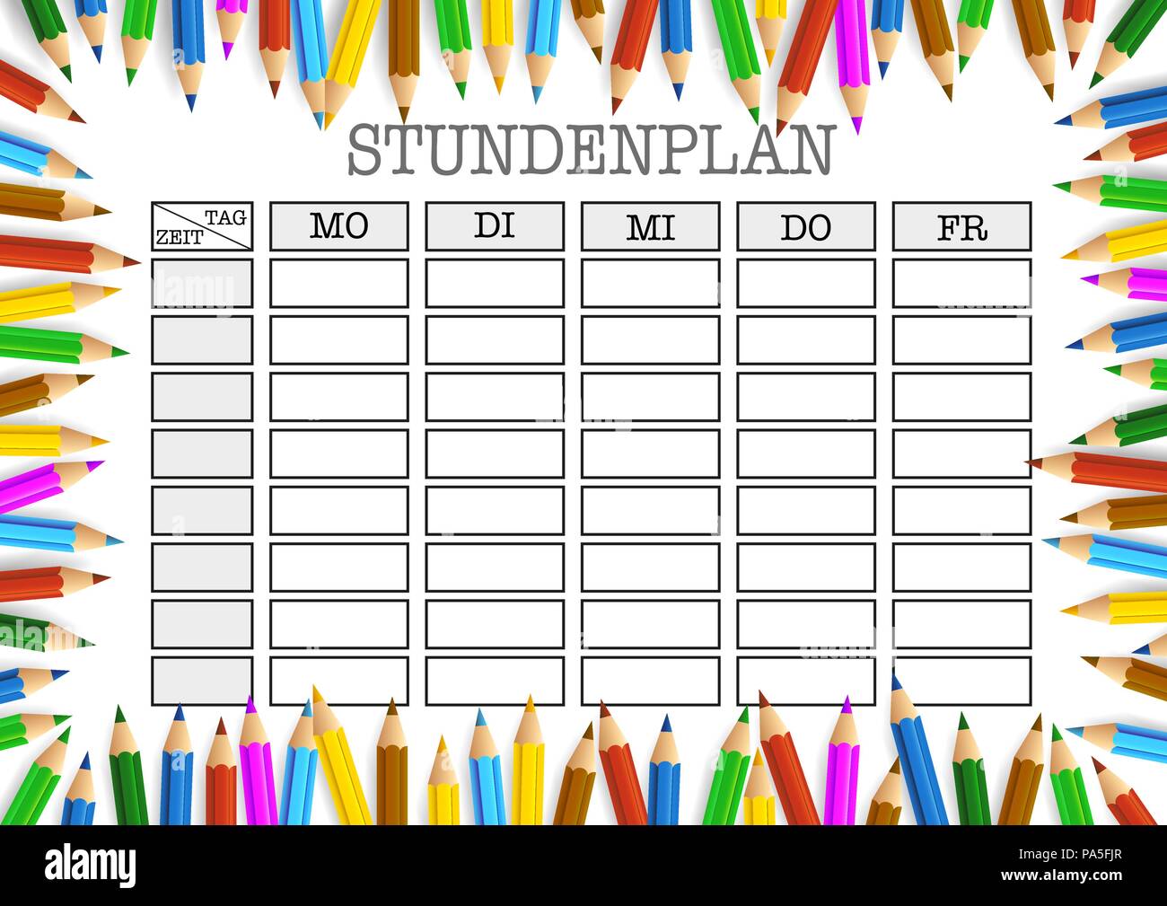STUNDENPLAN, Deutsch für Klasse planen, durch Buntstifte umgeben ...