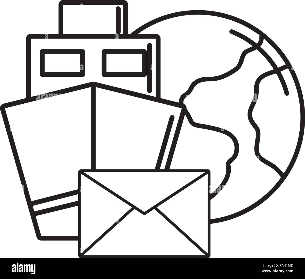 Erde mit Schiff und Umschlag Symbol auf weißem Hintergrund, Vector ...