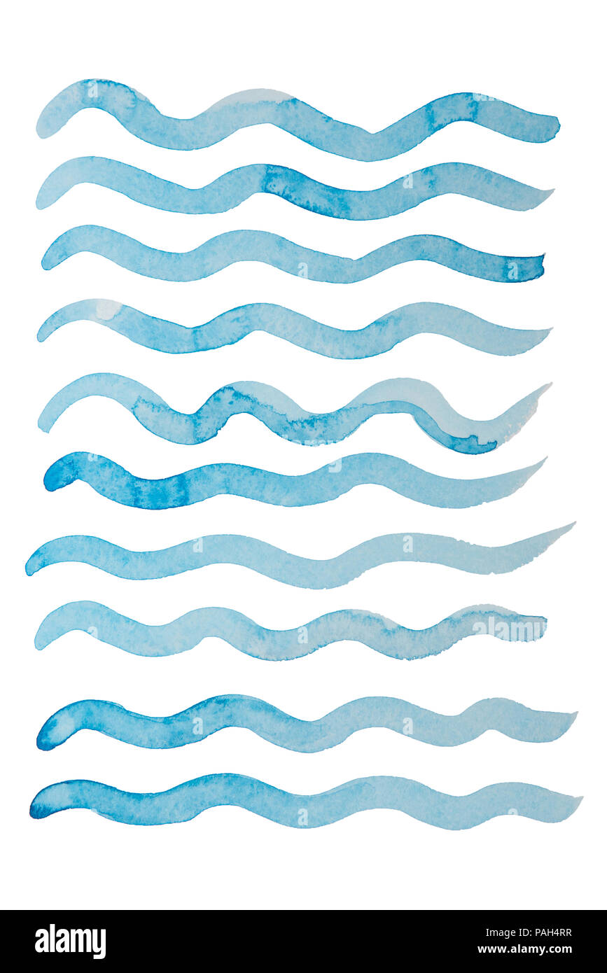Verschiedene blaue Streifen wie Wellen im Meer in Aquarell auf weißem ...