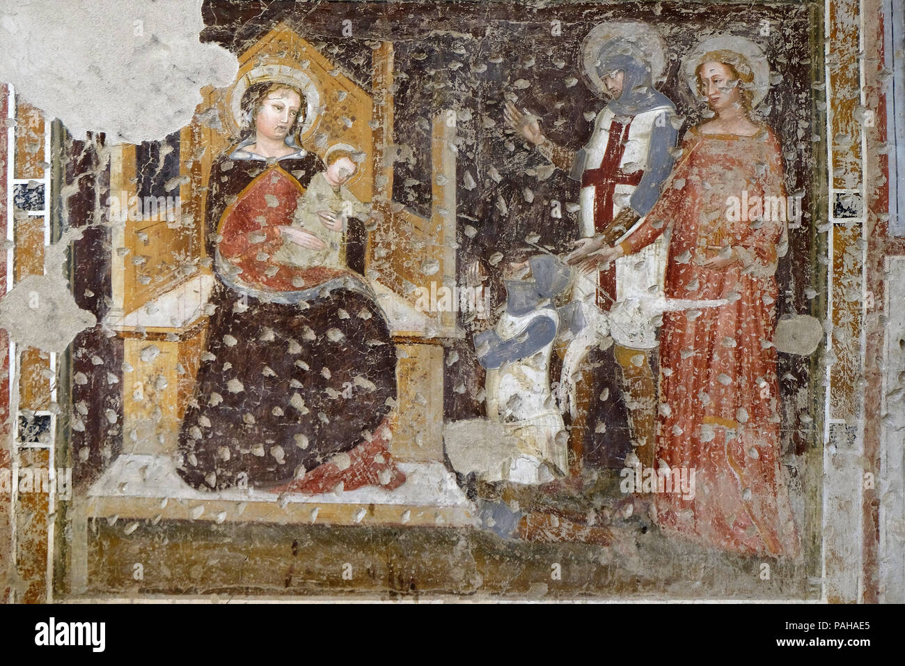 Madonna mit Kind und Heiligen, George, Catherine und ein verehrer Ritter, Fresko in der Kirche ...