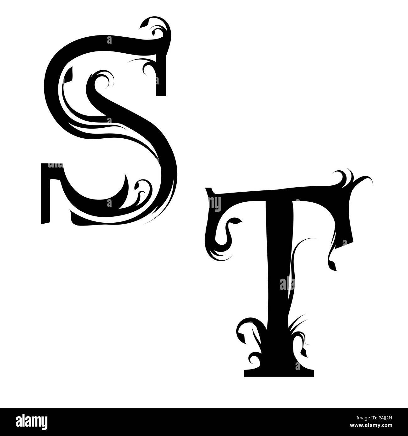 Florale Buchstaben S und T auf einem weißen Hintergrund, Vector ...