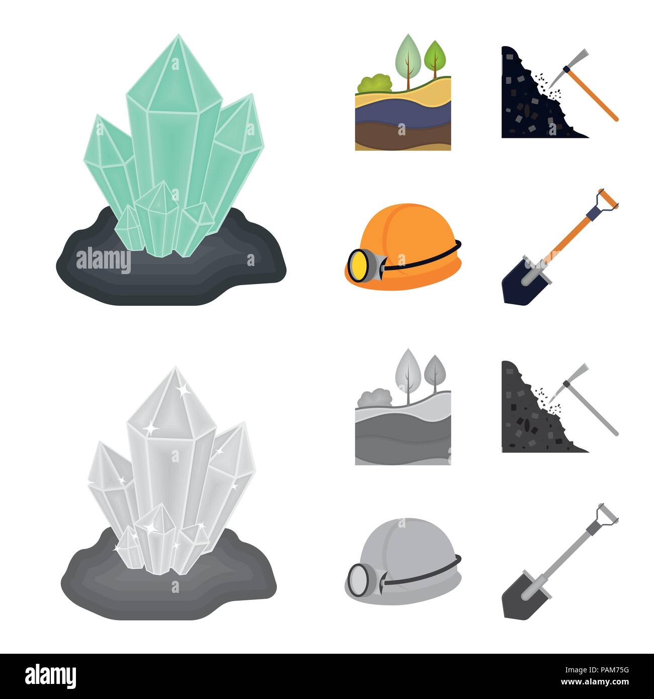 Kristalle, Kohleflöz, Pickel, Helm mit einer Laterne. Meine Sammlung ...