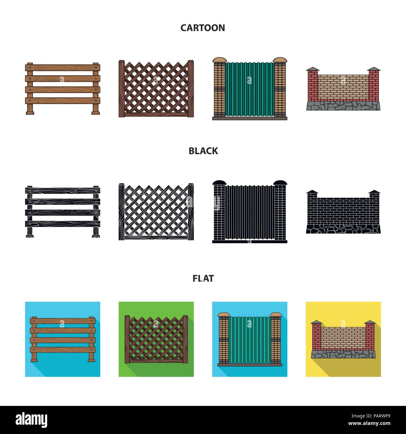 Ein Zaun aus Metall und Ziegel, hölzernen Palisade. Eine andere Zaun ...