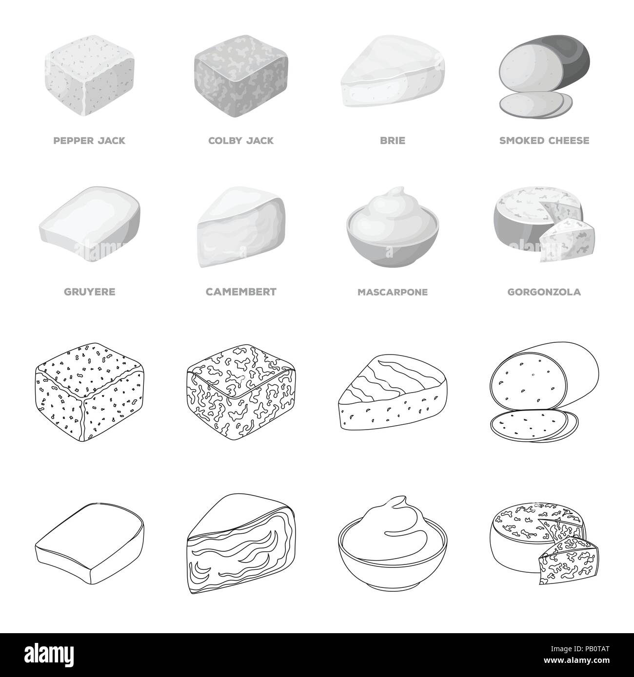 Greyerzer, Camembert, Mascarpone, Gorgonzola. Verschiedene Sorten Käse ...