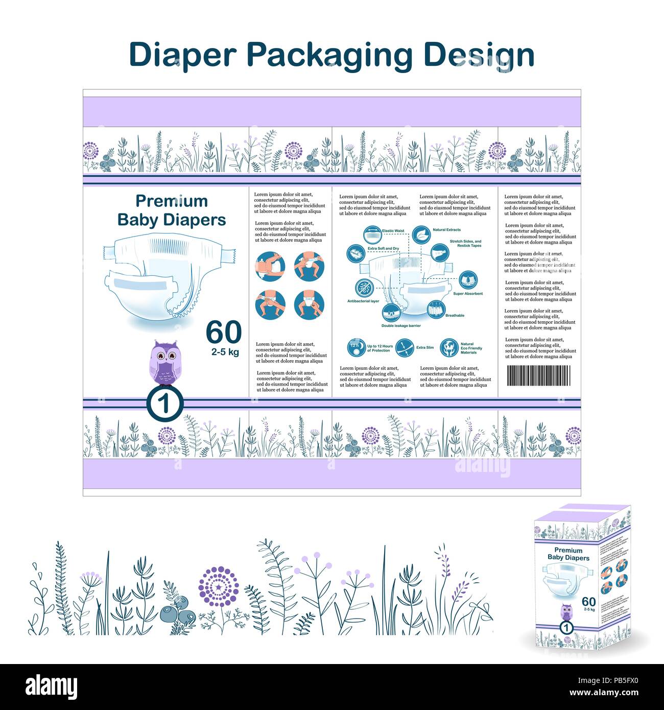 Windel packaging design Elemente in doodle Wald Stil. Windel pakaging ...