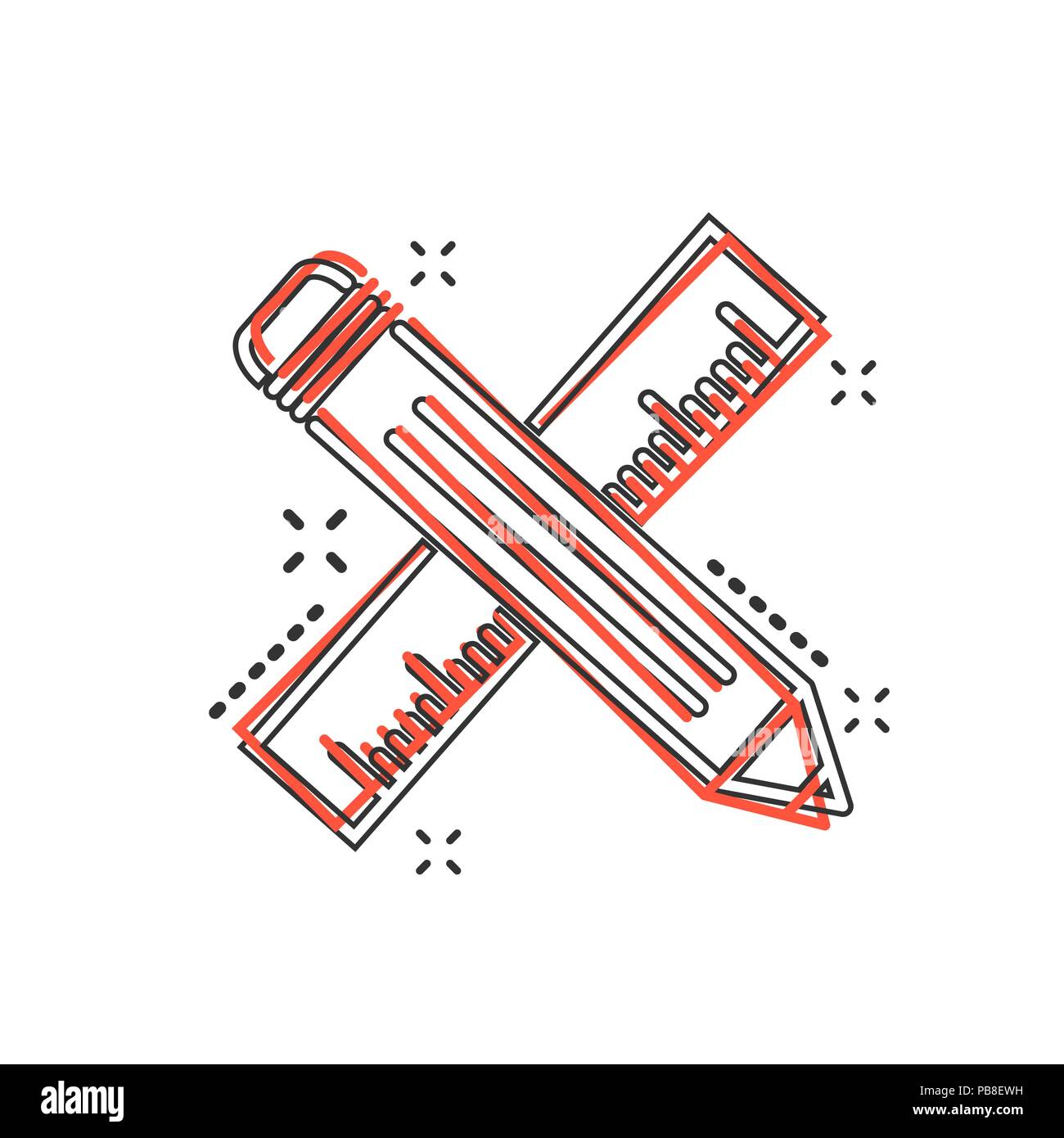 Vektor cartoon Bleistift mit Lineal im Comic-stil. Lineal meter Zeichen ...