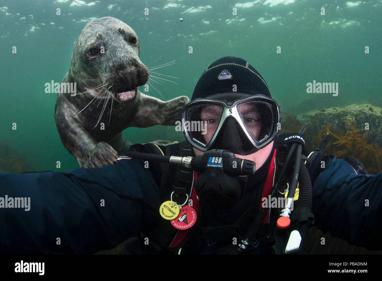 Unterwasser Fotograf Alex Senf ein Selbstporträt mit freundlicher junge ...