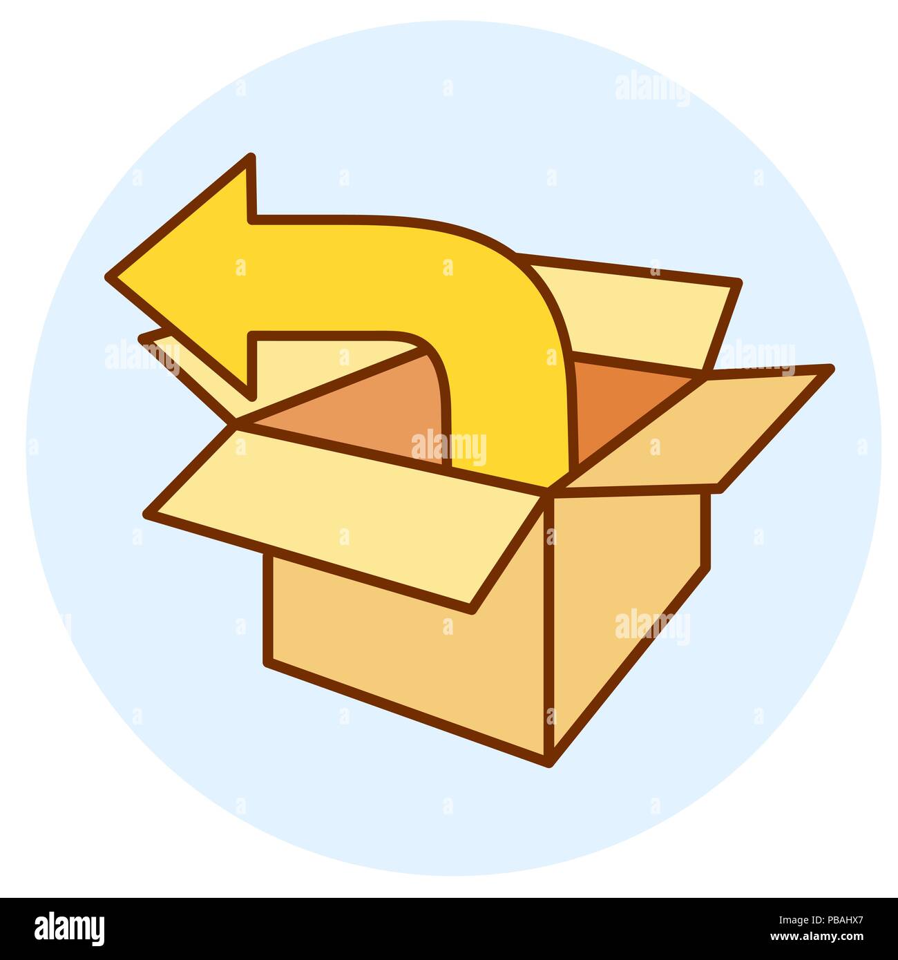 Farbige "dreht"-Symbol. Geöffnete Verpackung mit Pfeil. Trendy flache ...