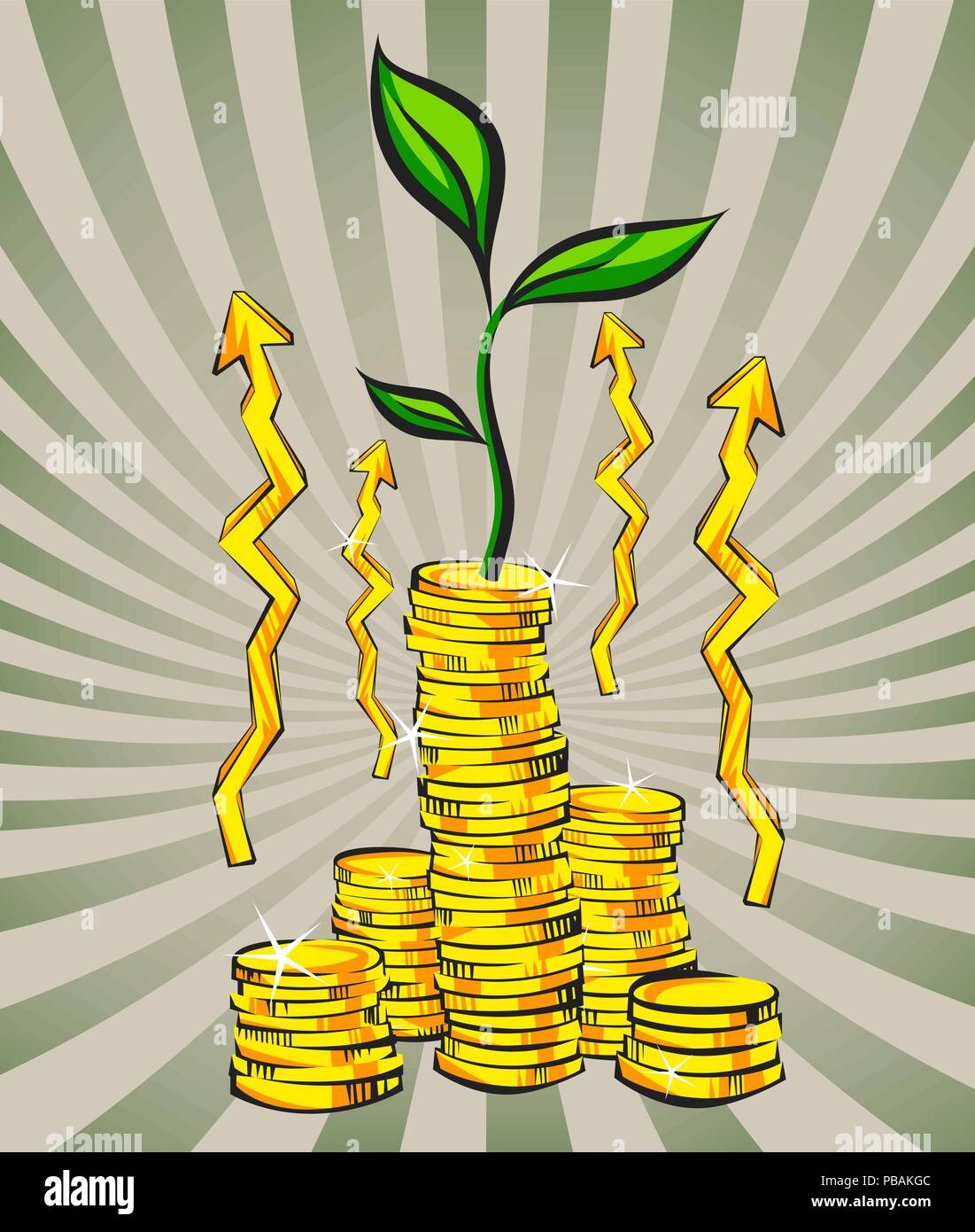 Goldene Münzen Stapeln mit Money Tree, Pfeile, Retro strahlen ...