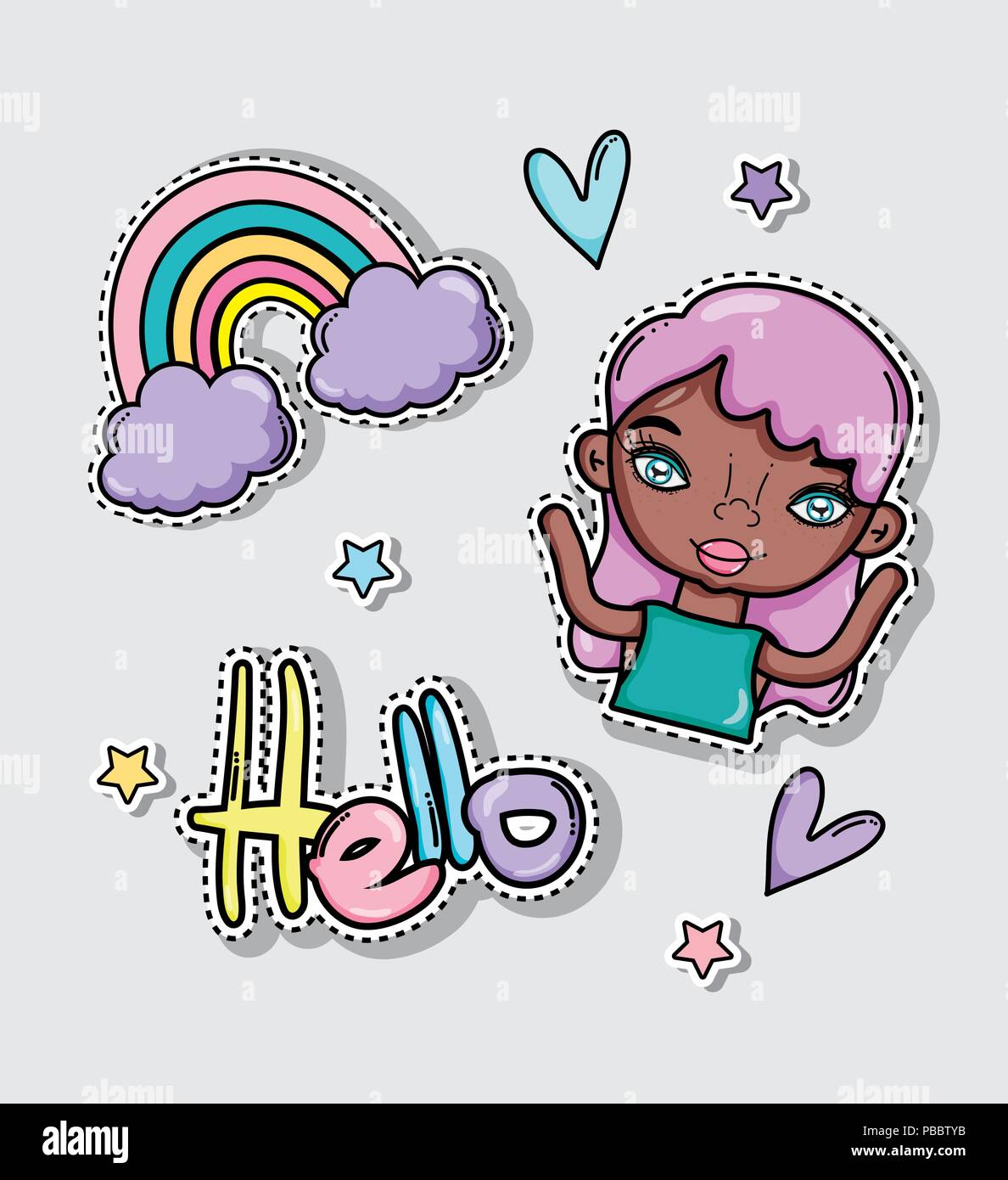 Hallo Karte mit niedlichen Karikaturen Stock-Vektorgrafik - Alamy